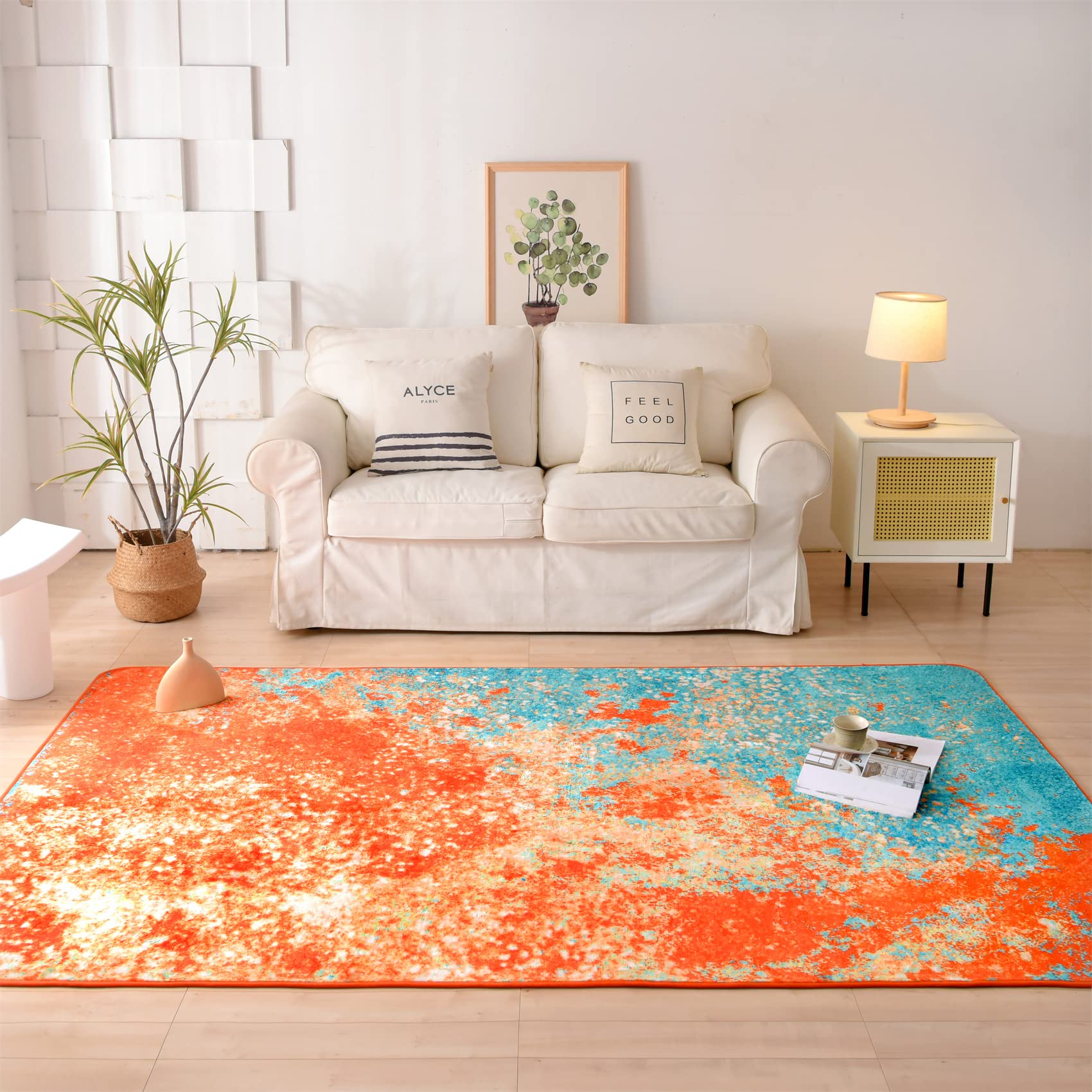 Aimuan Unique Modern & Vibrant Abstract Area Rug for Any Home Décor 5 ft x8 ft Orange/Aqua Faux Fur Flannel Soft Carpet with Retro Artwork Watercolor Patterns Velvet Mats (Orange-Aqua,5'x8')