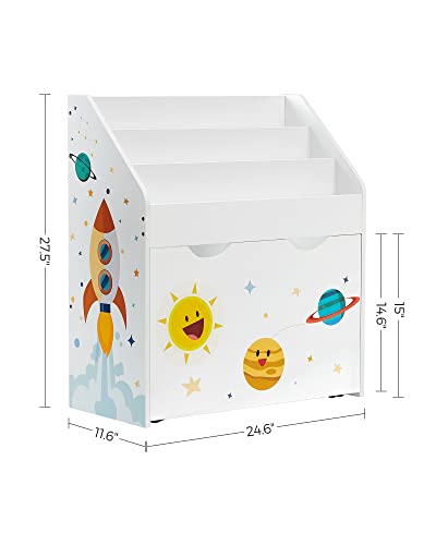 SONGMICS Kids Bookshelf, Toy Organizer, Chest and Bookcase with 3 Shelves, Storage Box with Wheels, Multipurpose, Space Theme 11.6D x 24.6W x 27.6H in