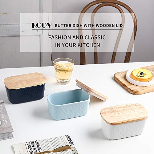 KOOV Porcelain Large Butter Dish with Lid for Countertop, Airtight Butter Container with Oak Lid, Butter Crock, Perfect for 2 Sticks of Butter, Texture Series (White)
