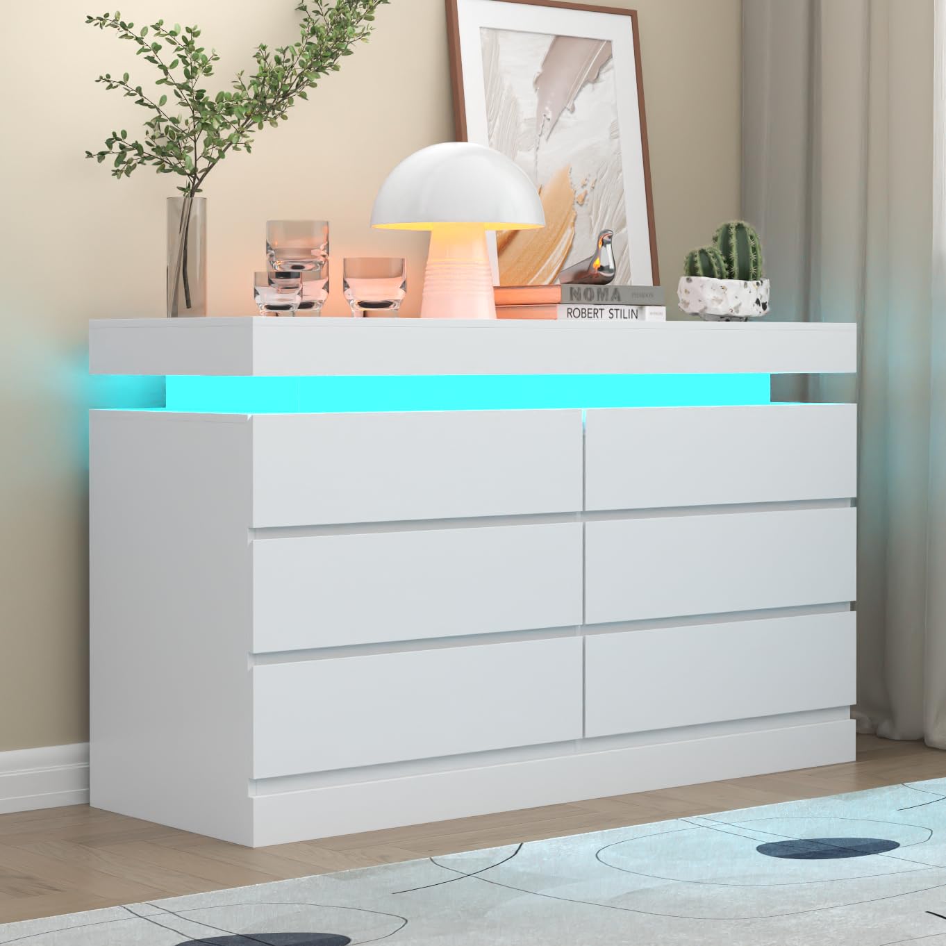 Gyfimoie 6 Drawer Dresser with Power Outlet, White Dresser with LED Light, Modern Chest of Drawers for Closet, Double Wide Drawer Organizer Cabinet for Bedroom, Living Room, Entryway, Hallway