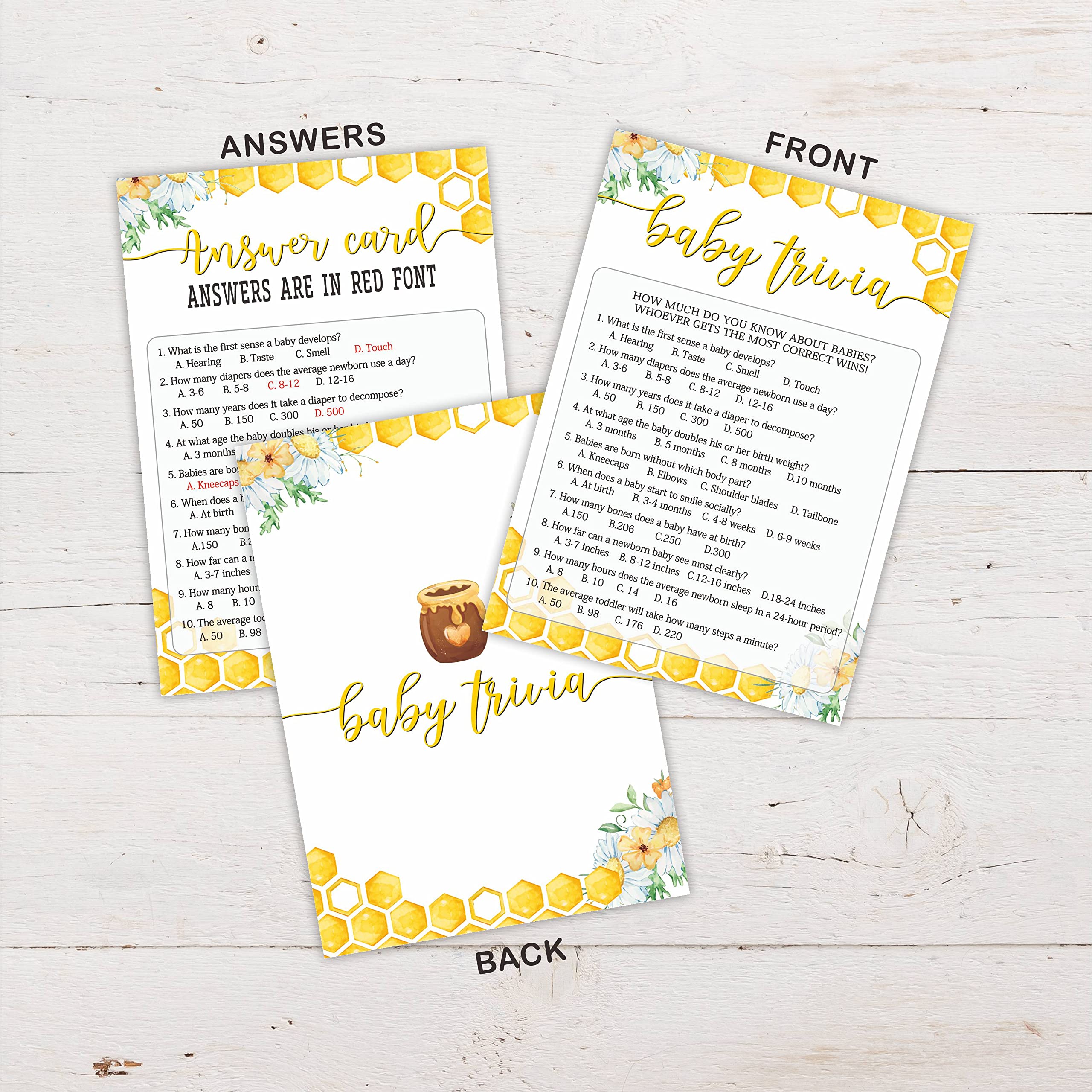 30 Honey Bee Themed Baby Shower Game Cards with an Answer Card, Baby Trivia double sided (5 X 7 inches)-(BABYYX-008)