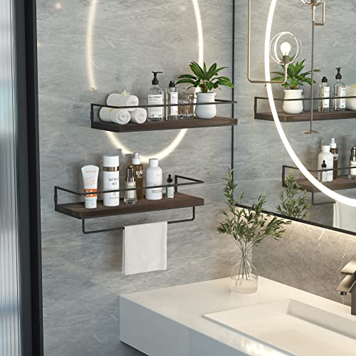 ZGO Floating Shelves for Wall Set of 2, Wall Mounted Storage Shelves with Metal Frame and Towel Rack for Bathroom, Kitchen, Bedroom