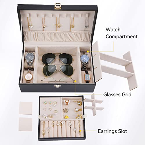 LANDICI Jewelry Box Organizer for Women Girls, Large 2 Layer Men Watch Case with Removable Tray, PU Leather Jewellery Storage Holder Display for Watches Sunglasses Rings Earrings Necklace, Black