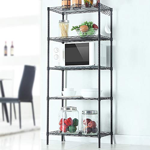 samanoya 5-Shelf Adjustable Industrial Storage Wire Shelving Unit with Hook,Heavy Duty Utility Layer Rack Organizer for Kitchen,Steel Organizer Metal Rack - Chrome - (21.25 x 11.42 x 59.06)