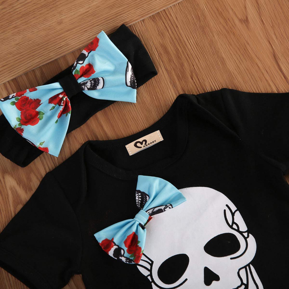 Yuemengxuan 4PCS Infant Newborn Baby Boys Girl Skull Romper+Pants+Hat+Mitten or Headband Halloween Clothes Outfit Set (Black+Blue, 0-6 Months)