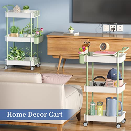 3 Tier Rolling cart, Utility Storage Cart with Hanging Basket, Easy Assemble Art Cart Craft Organizer for Office, Home, Kitchen, Classroom (White)