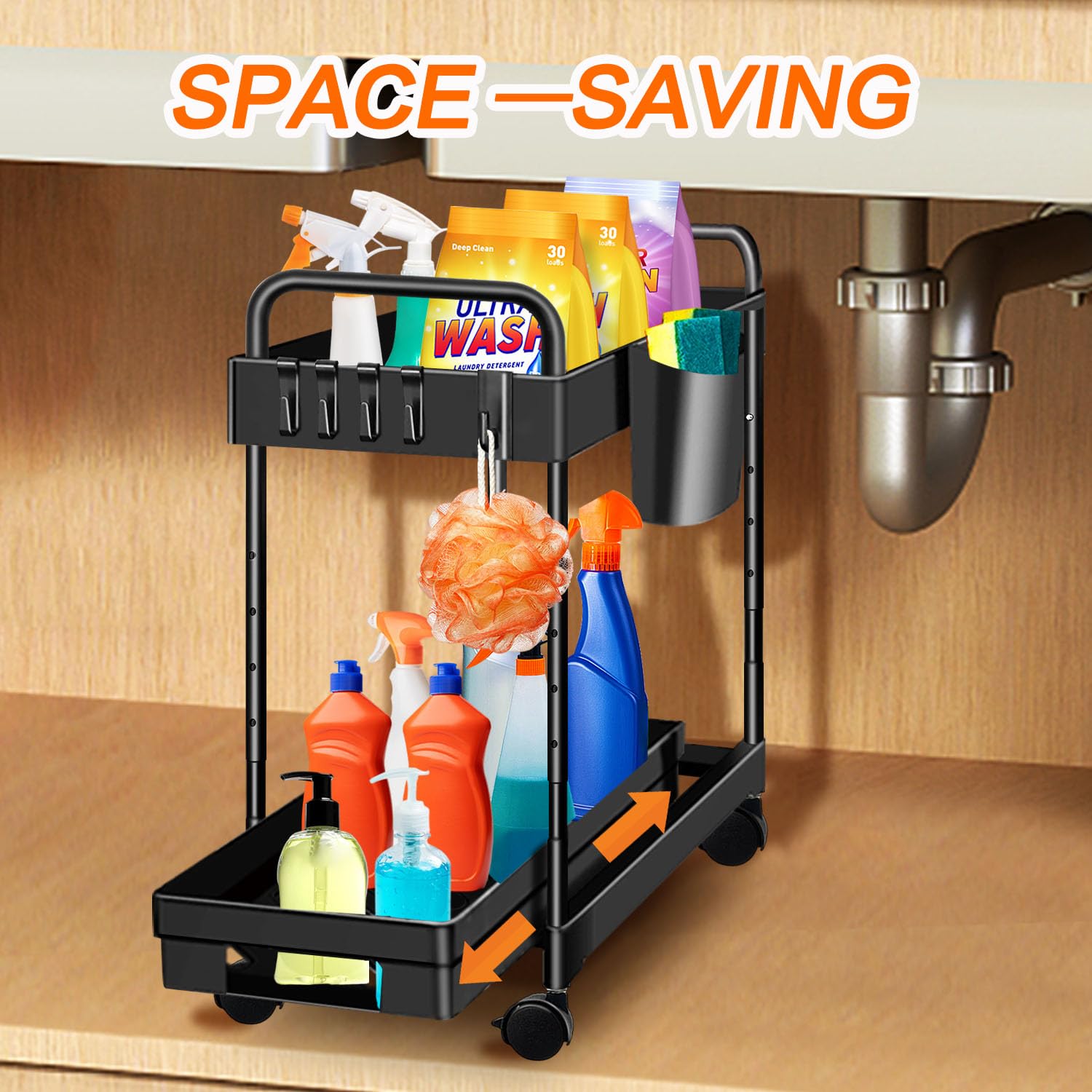 2Pack Under Sink Organizers and Storage,2 Tier Pull Out Sliding Cabinet Basket Organizer Drawers,Multi-purpose Rolling Storage Cart with Retractable Tubes for Bathroom,Kitchen Accessories,Pantry,Black