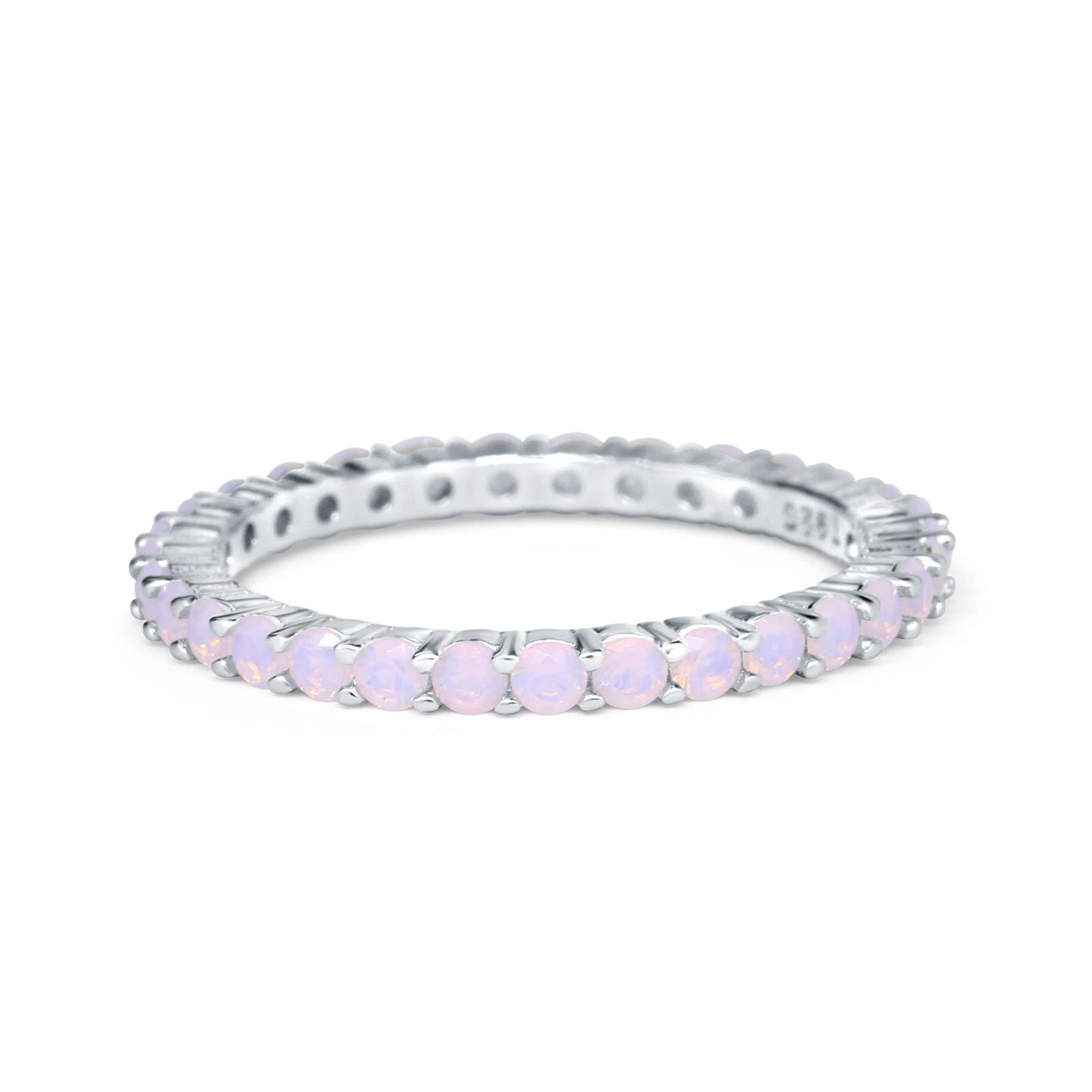 2mm Full Eternity Stackable Engagement Band Ring Round Lab Created White Opal 925 Sterling Silver, Size-8
