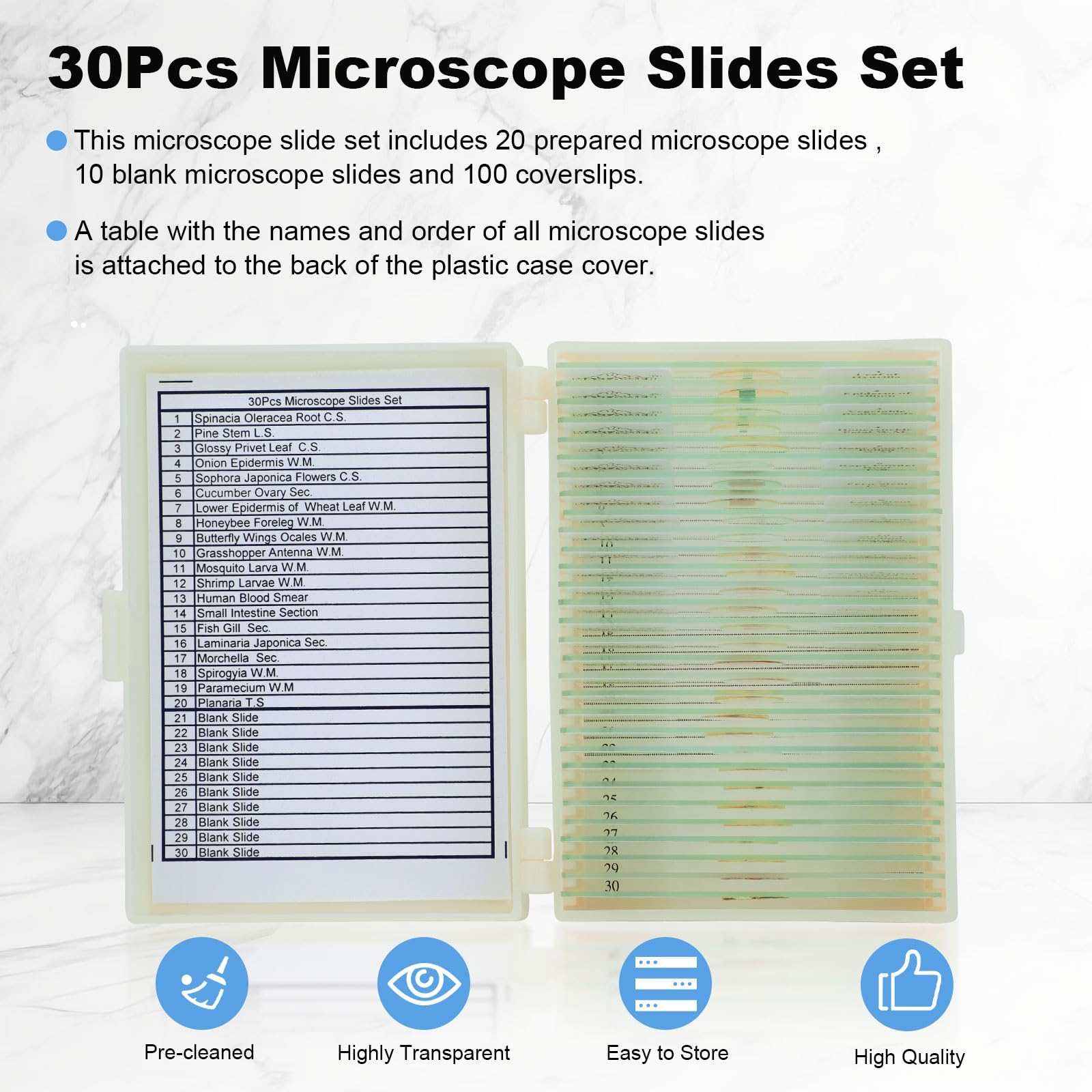 30 Microscope Slides and 100 Covers Set - 20 Prepared Microscope Slides with Specimens, 10 Blank Microscope Slides and 100 Microscope Coverslips - Microscope Slides for Kids Students Homeschool Use