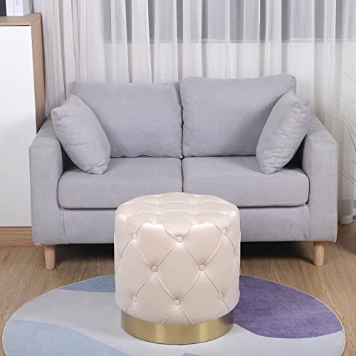 Modern Velvet Round Tufted Ottoman Button Stool with Gold Metal Base β Upholstered Footrest for Bedroom Living Room (Beige4, Large)