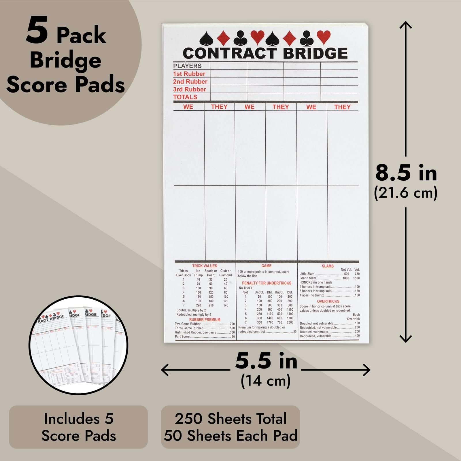 Best Paper Greetings 250 Sheets Contract Bridge Score Pads and Tallies, Game Scoring Cards Supplies, Large Print with Trick Values (5 Notepads)