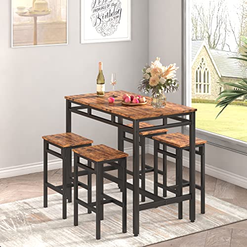 5 Piece Dining Set, Dining Table with 4 Stools, Home Kitchen Breakfast Table, Bar Table Set, Bar Table with 4 Bar Stools, Kitchen Counter with Bar Chairs (Rustic Brown)