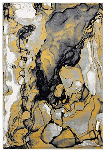 Abani Modern Grey & Yellow Marble 4' x 6' Area Rug, Rugs Arto Collection - Contemporary Colorful Abstract Liquid Style