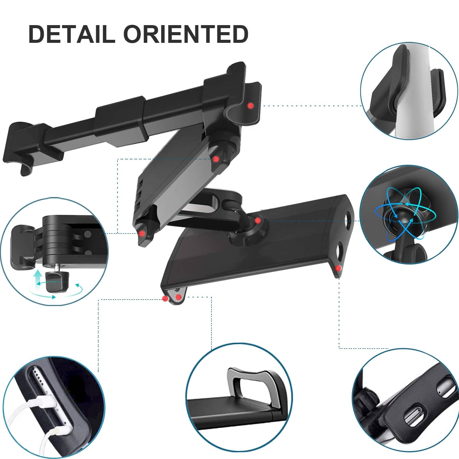 Timewall Car Headrest Tablet Mount, Backseat Seat Universal Tablet Cell Phone Holder 360° Swivel Rotating Angle Adjustable Stretchable for iPad iPhone, Samsung, Switch, 5-11" Tablet Phone Black