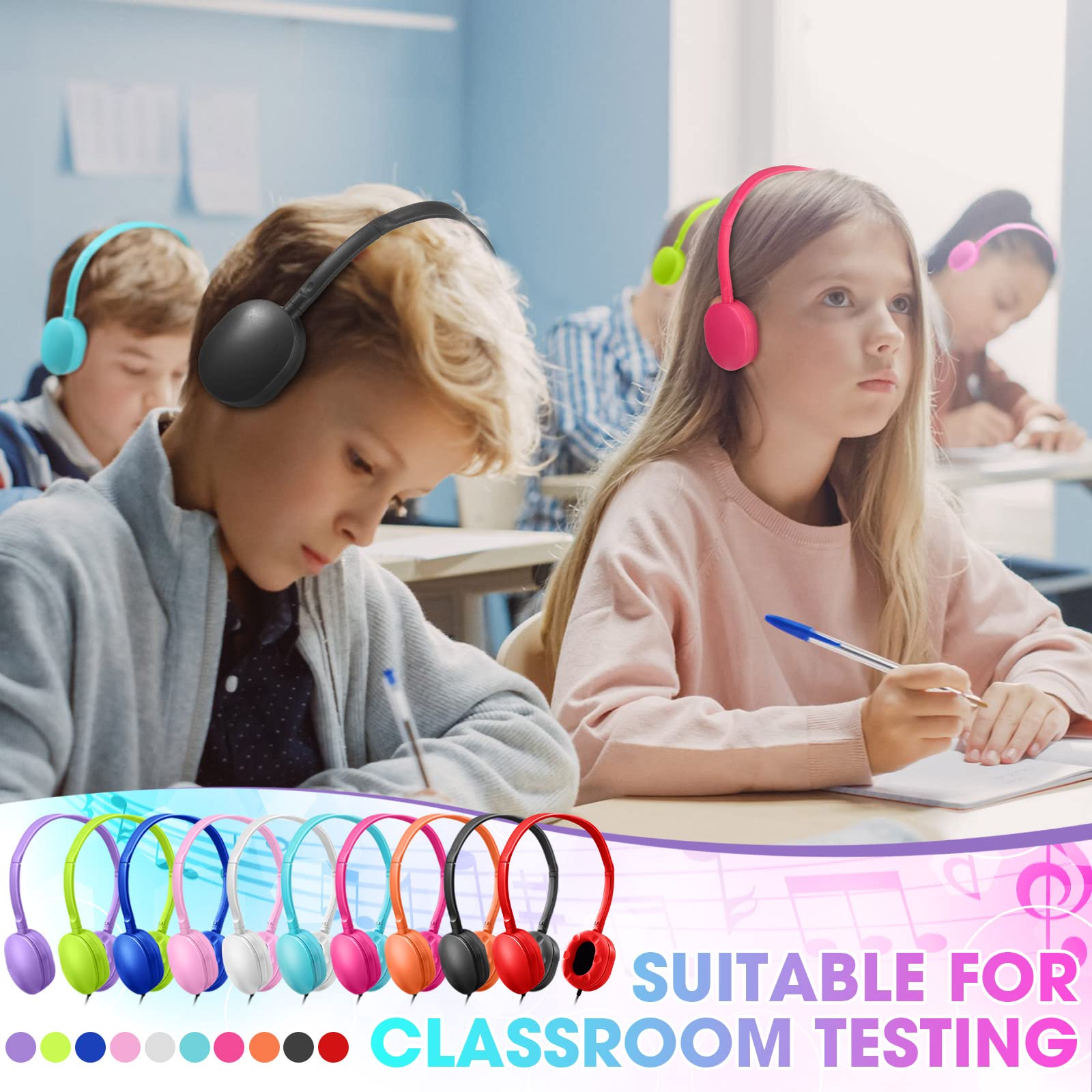 50 Pack Bulk Classroom Headphones Colorful Student Wired Headphone Comfortable Adjustable On Ear Headphone with 3.5 mm Headphone Plug for School Classroom Kids Adults Testing Libraries Airplane Travel