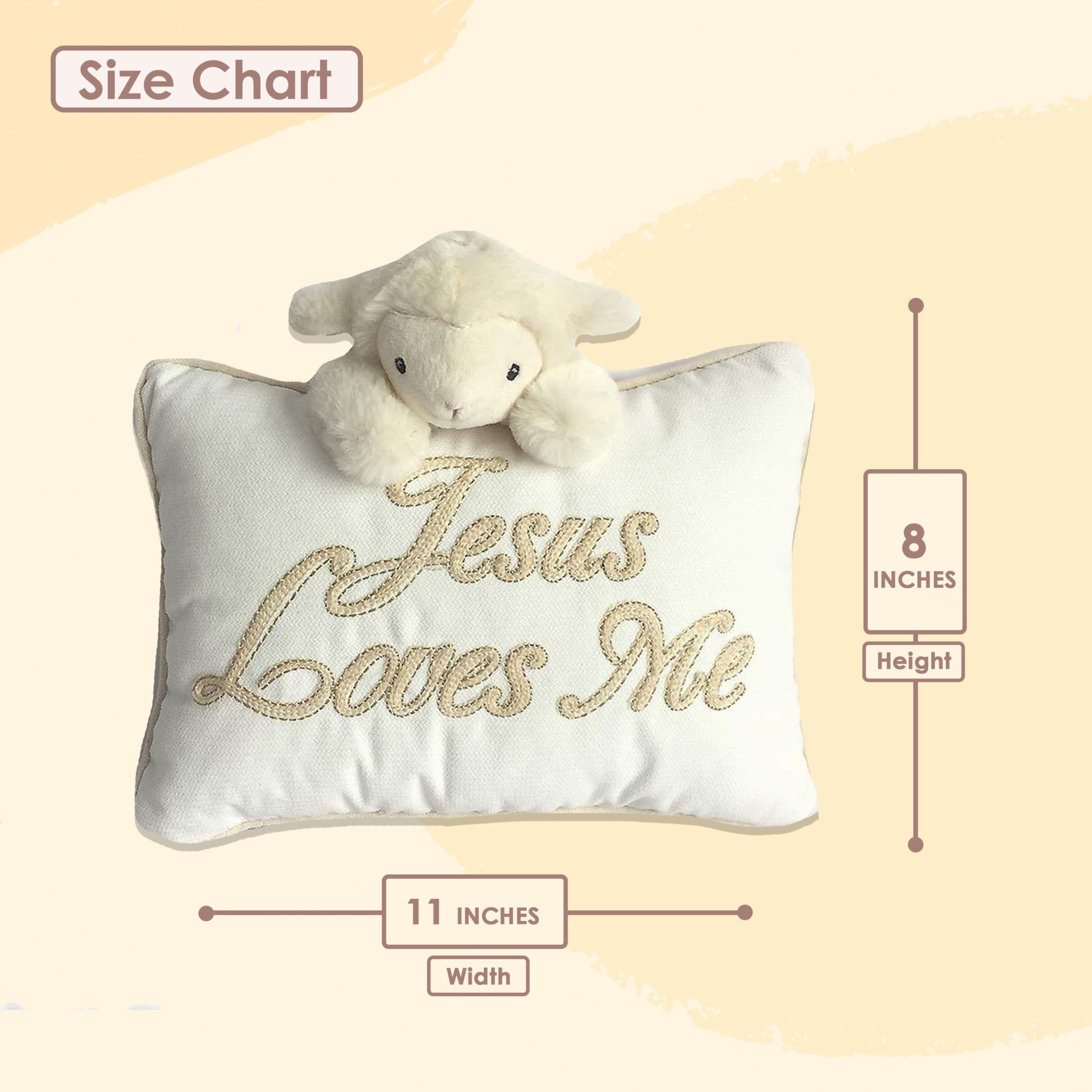 Mon Ami "Jesus Loves Me" Lamb Designer Plush Throw Pillow – 11x8”, Baby Christening Gift, Religious Gift, Dedication, Baptism Gift, Cute Room Décor