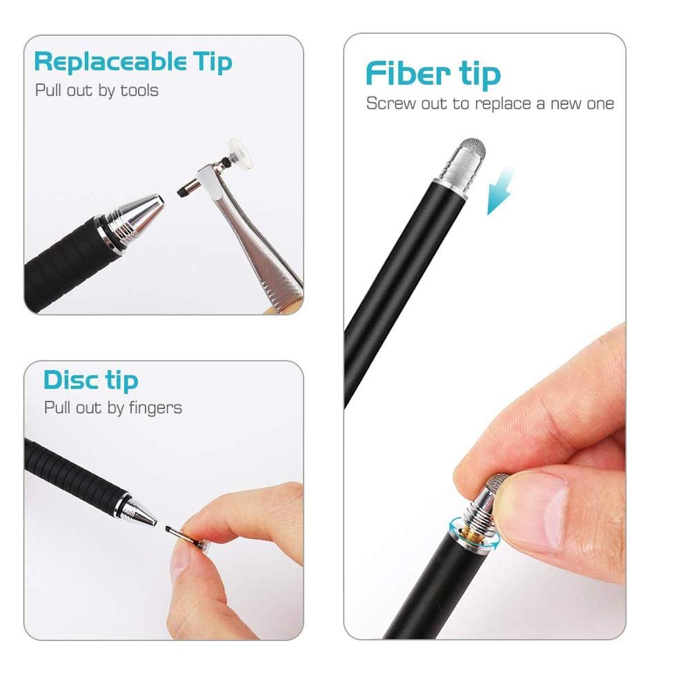 Stylus Pens for Touch Screens-Fine Point-Universal-High Precision, 2 Pieces with 6 Replacement Tips, Compatible for All Capacitive Touch Screens (Black + Black)