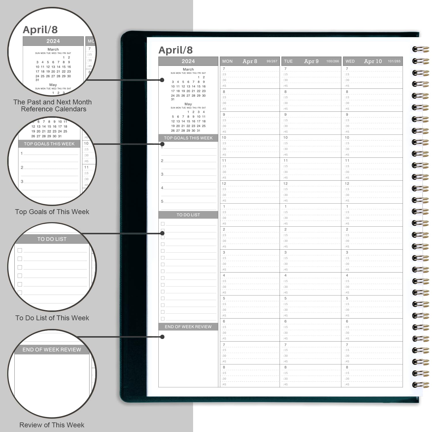 2024 Appointment Book/Planner - Weekly Appointment Book/Planner 2024, Jan 2024 - Dec 2024, 8"x 10", 2024 Daily/Hourly Planner with Tabs, 15-Minute Interval, Flexible Soft Cover - Black