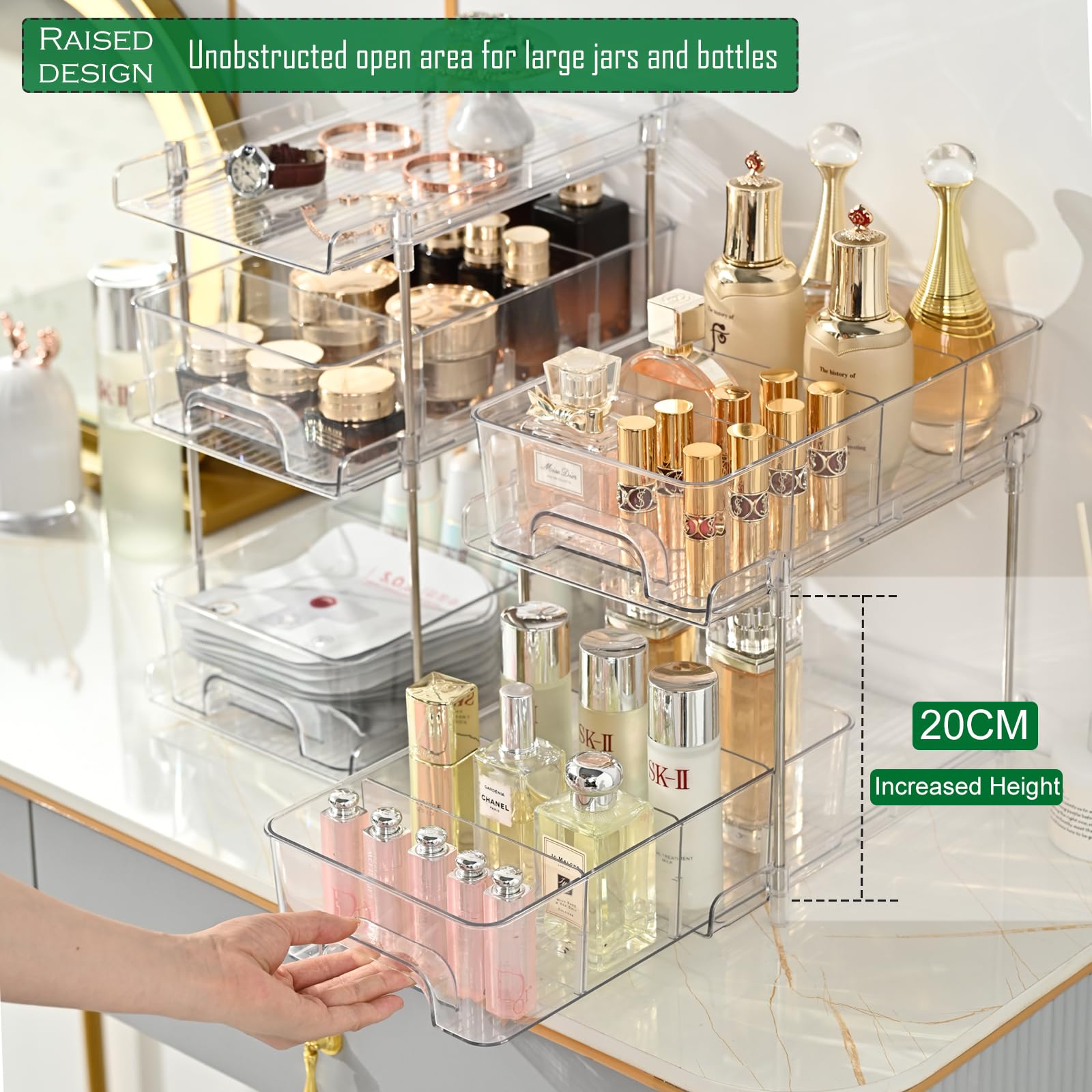 3 Tier Bathroom Organizer with Dividers, Multi-Purpose Clear Under Sink Organizers Storage Slide-Out Container, Bathroom Vanity Counter Organizing Tray, Kitchen Pantry Cabinet Closet (3 Tier)