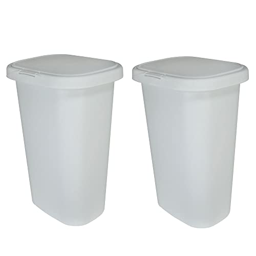 Rubbermaid 13 Gallon Rectangular Spring-Top Lid Kitchen Wastebasket Trash Can for Tall Trashbags, White (2 Pack)
