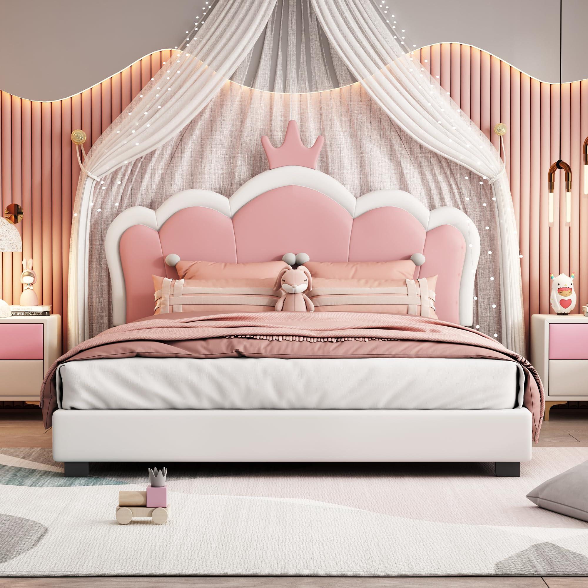 Bellemave Full Size Princess Bed Frame with Crown Headboard, PU Upholstered Princess Full Bed for Girls,Kids Twin Platform Bed,(Full,White)