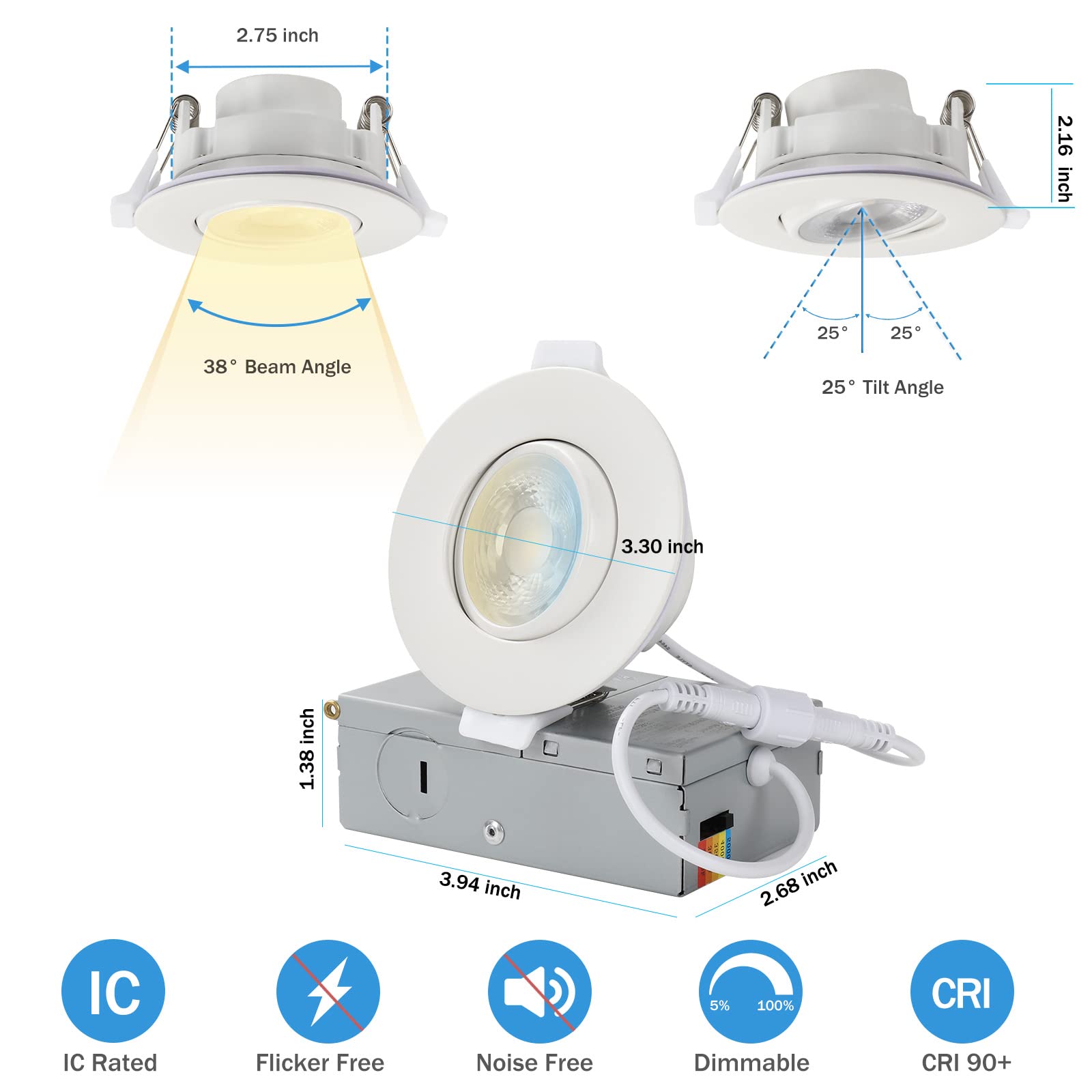 3 inch Gimbal Recessed LED Lighting 5 CCT Dimmable Downlight Adjustable LED Retrofit Trim Lighting 2700K/3000K/3500K/4000K/5000K No Can Needed, IC Rated 8W (65W Equiv.) 750lm (4 Pack)