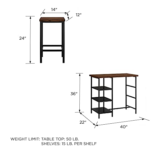 Dorel Living Cosmo 3-Piece Metal Pub Set With Wood Top, Dark Mahogany