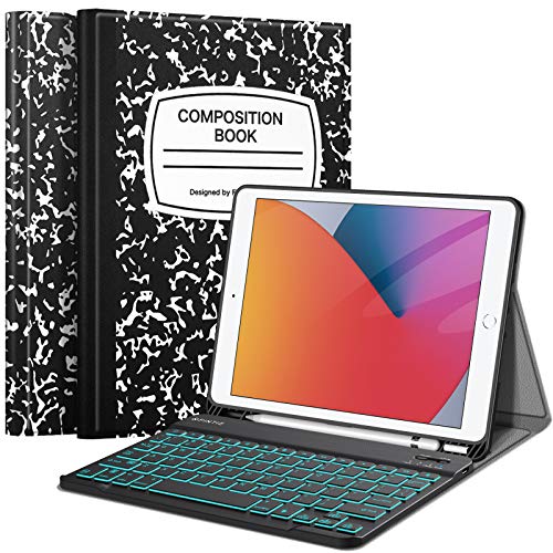Fintie Keyboard Case for iPad 9th / 8th / 7th Generation (2021/2020/2019) 10.2 Inch, Soft TPU Back Cover with Magnetically Detachable Bluetooth Keyboard & Pencil Holder, 7 Color Backlight, Composition