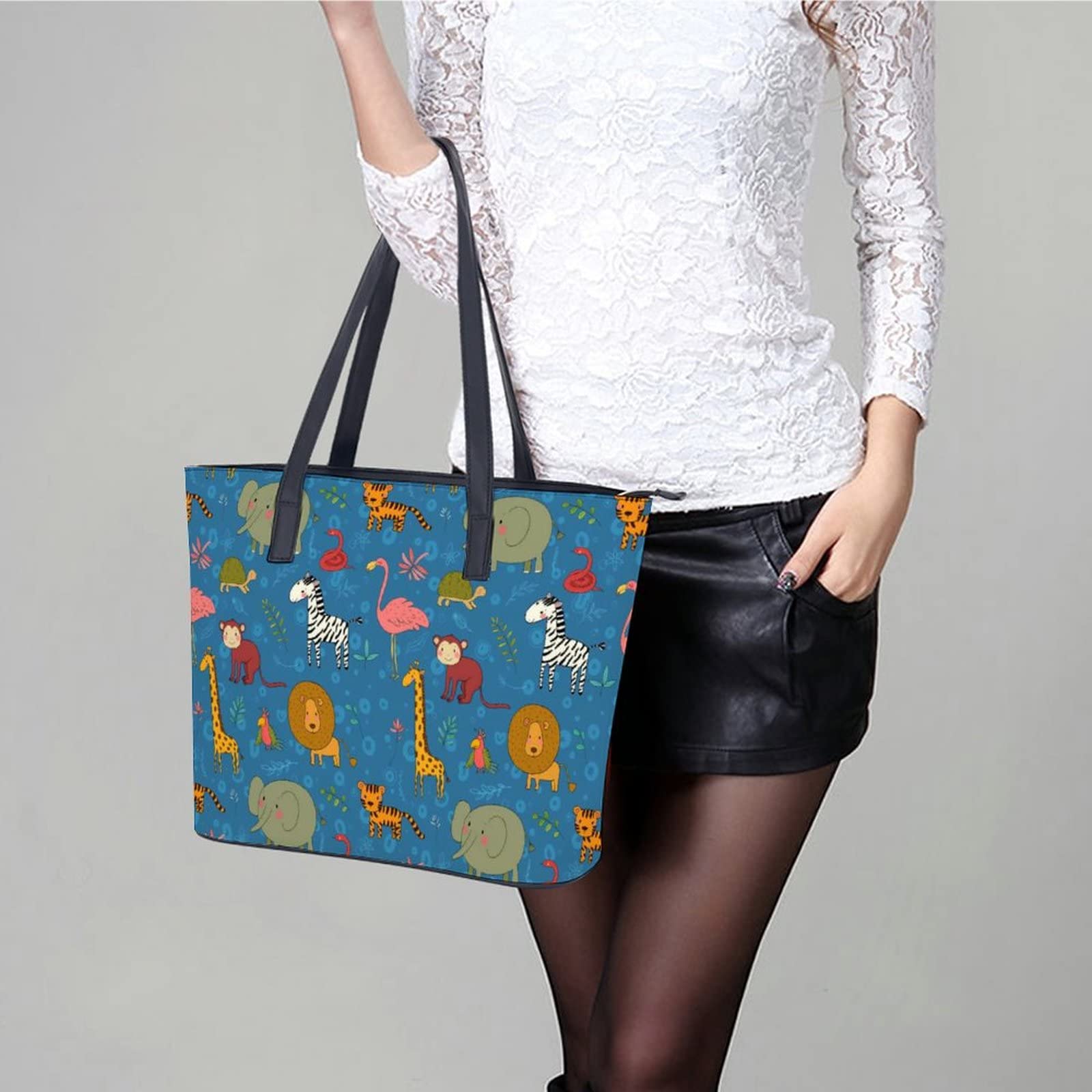 Africa Animals Pattern Women's Tote Bag PU Leather Shoulder Bag Handbags Purse For Work Shopping Travel