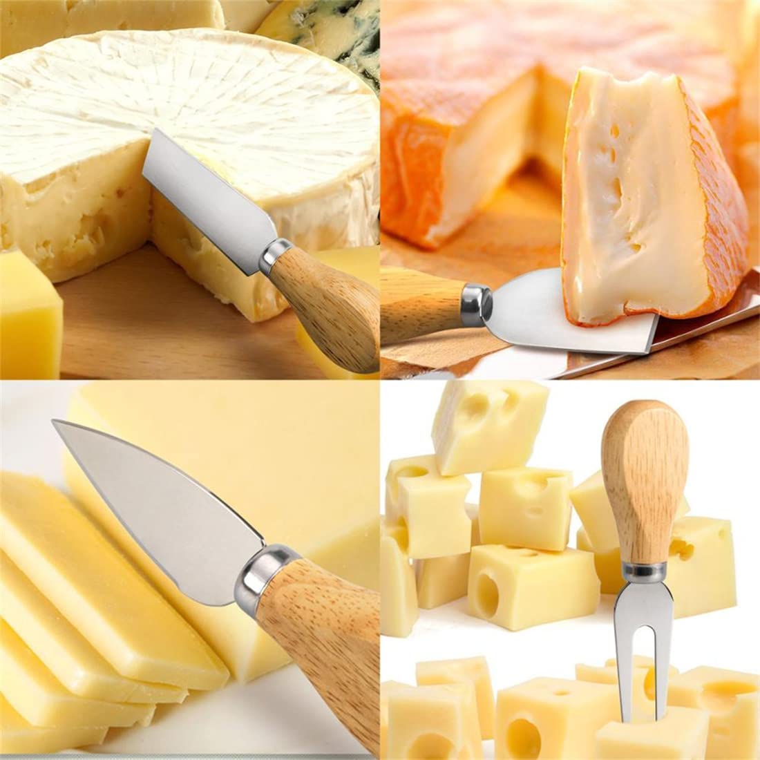 4pcs Cheese Knives Set Cheese Cutlery Steel Stainless Cheese Slicer Wood Handle Mini Knife,Butter Knife,Spatula& Fork Butter Cutter