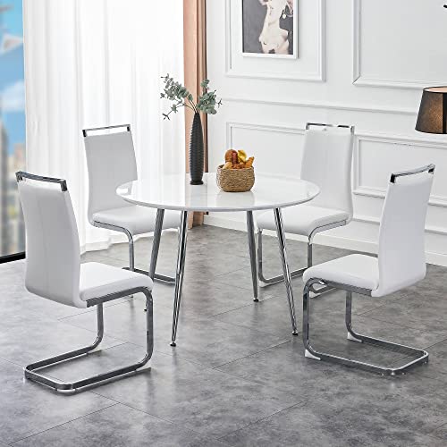 44.8" Round Dining Table for 4-6, Imitation Marble Grain Wood Round Kitchen Table with Plating Adjustable Heigh Legs, Suitable for Living Room, Kitchen & Dining Room, Waiting Room, White