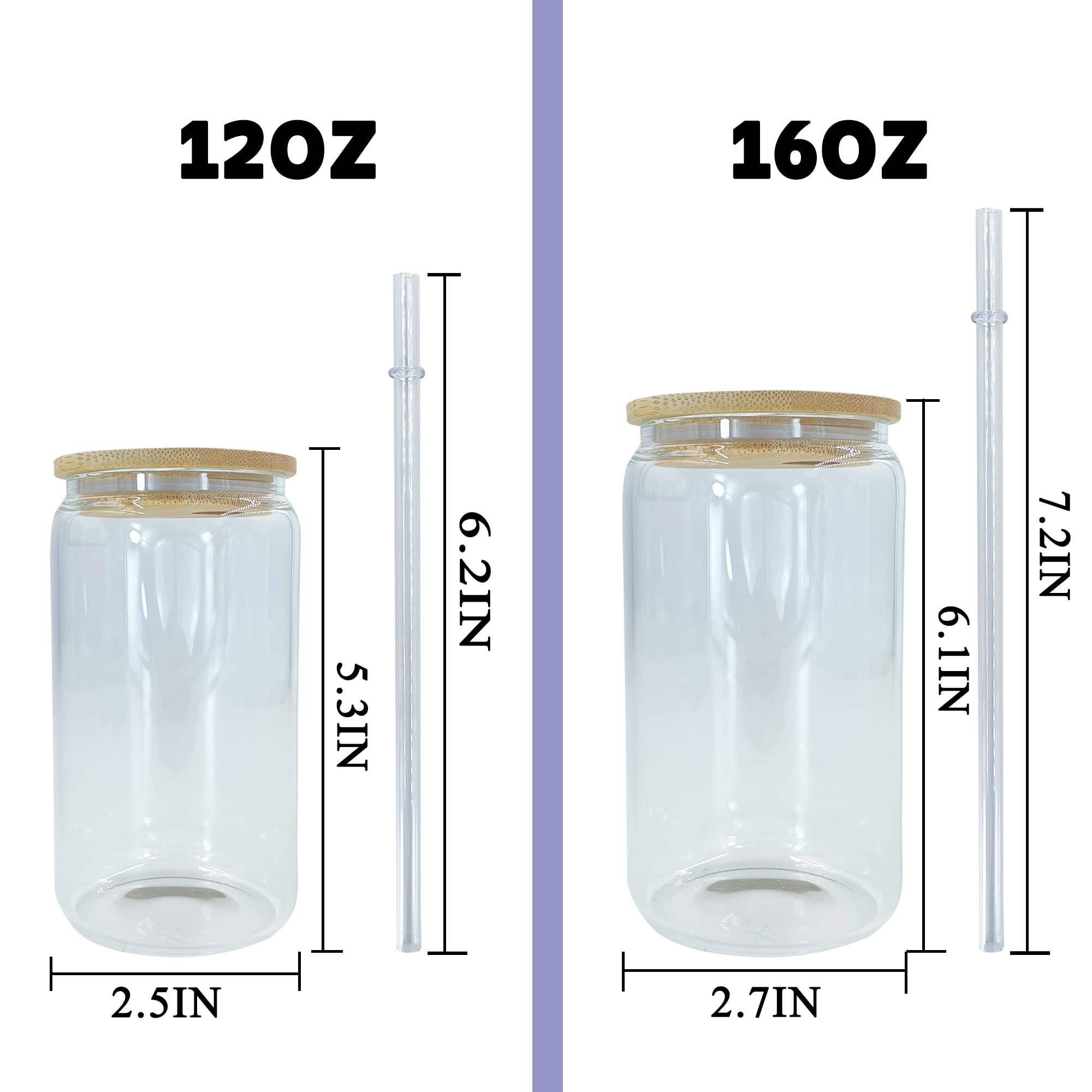 4 Pack 16OZ Sublimation Double Wall Glass Blanks With Bamboo Lid, Transparent Pre Drilled Beer Can Glass for Snow Globe Glitter, Borosilicate Glasses With Plastic Straw for Iced Coffee, Juice, Soda