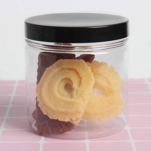 SBYURE 6 Pack 15 oz Round Clear Plastic Jars With Black Lids,Round PET Airtight Containers for Kitchen & Household Food Storage,Dry Goods,Honey,Nuts and More