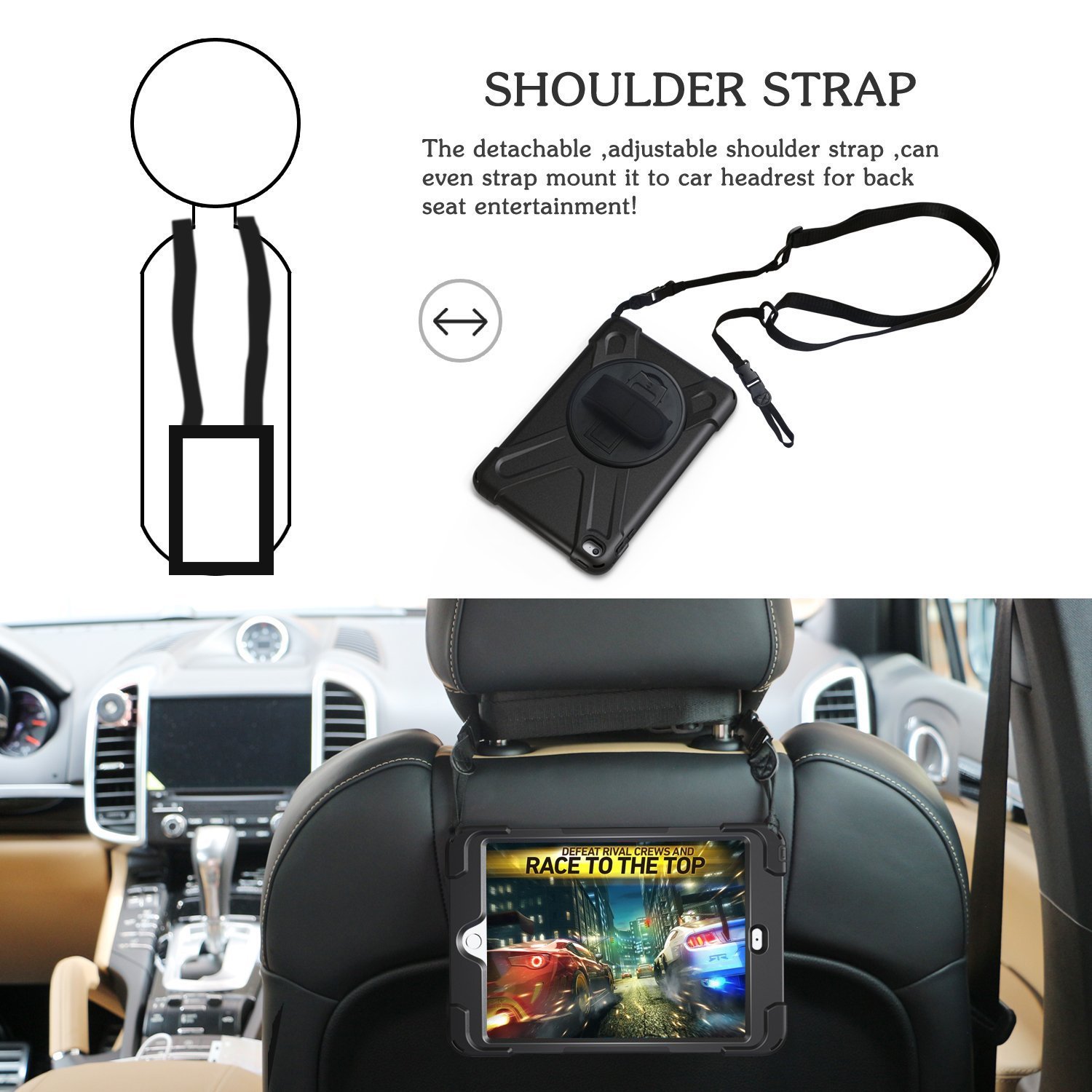 BRAECN for iPad Mini5 Case,iPad Mini4 Shockpoof Case Three Layer Drop Protection Rugged Heavy Duty Cover w/ 360 Degree Swivel Stand/Hand Strap and Shoulder Strap for iPad Mini 2019 Case (Black)