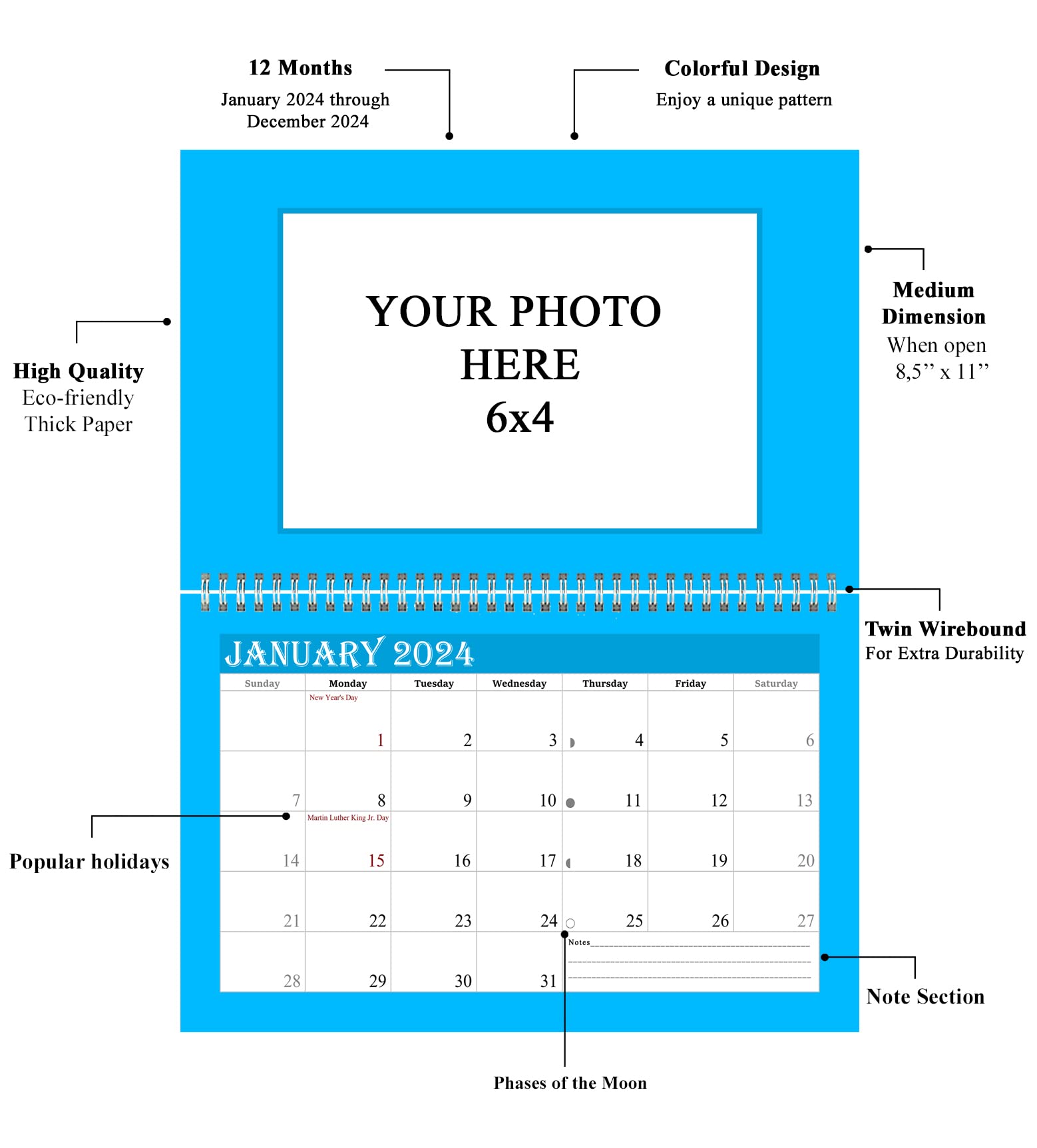 2024 Photo Frame Wall Spiral-bound Calendar (Add Your Own Photos) - 12 Months Desktop/Wall Calendar/Planner - (Geometrics Edition #005)