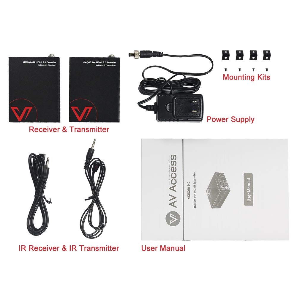 AV Access 4K HDMI Extender Over Cat5e/6/6a/7 4K@60Hz up to 115ft, 1080P up to 164ft, HDR10+, HDMI 2.0 YUV4:4:4, HDCP 2.2, 18Gbps, Plug & Play, IR Return & PoE, Smart EDID