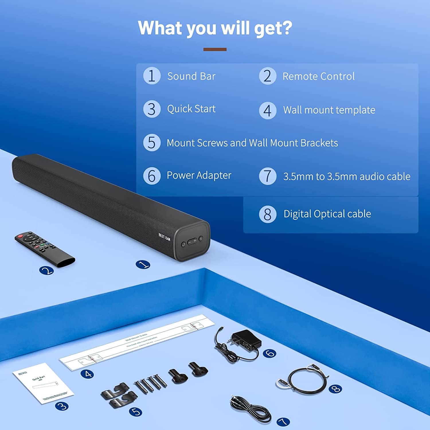 BESTISAN TV Sound Bar, 100Watts Soundbar for TV, Wireless Sound Bars with HDMI-ARC and Bluetooth/Optical/AUX/USB. TV Speakers for Home Theater/Gaming. (Remote Control,Wall Mountable)