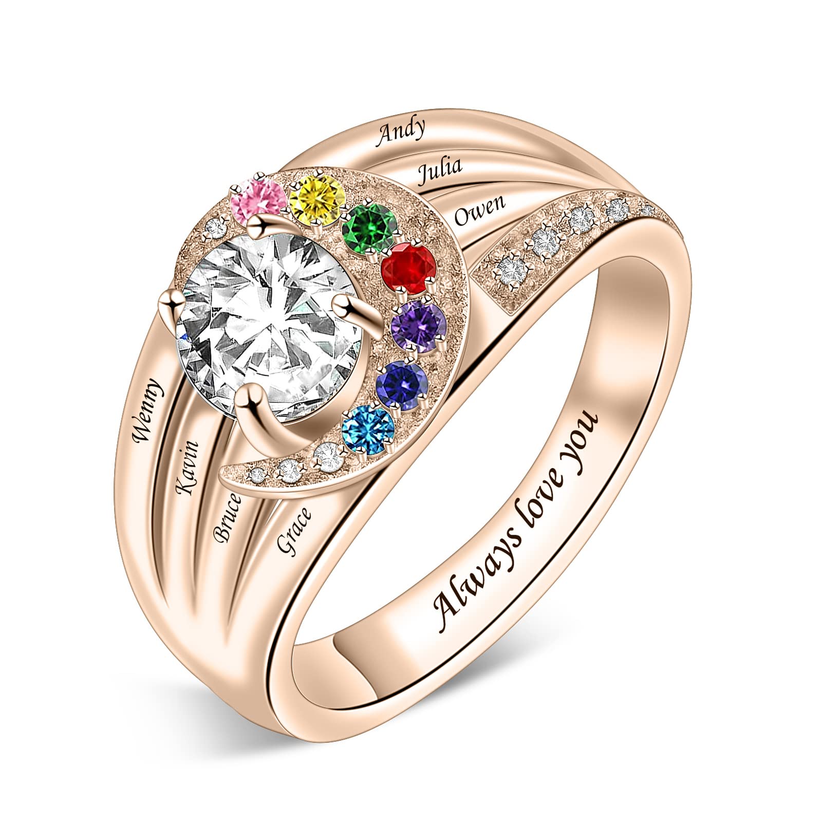 BAUMA AUTO Sterling Silver Personalized Mothers Ring with 1-8 Simulated Birthstones Engraving Family Name Ring for Mother Grandma