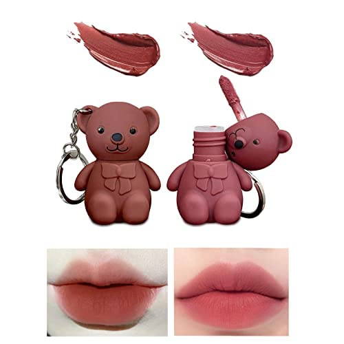 2Pcs Keychain Bear Lipstick, 2 in 1 Keychain Bear Lipstick, Spray Matte Velvet Lip Gloss, Waterproof Long Lasting Bear Lip Gloss with Keychain, Cute Bear Beauty Cosmetics