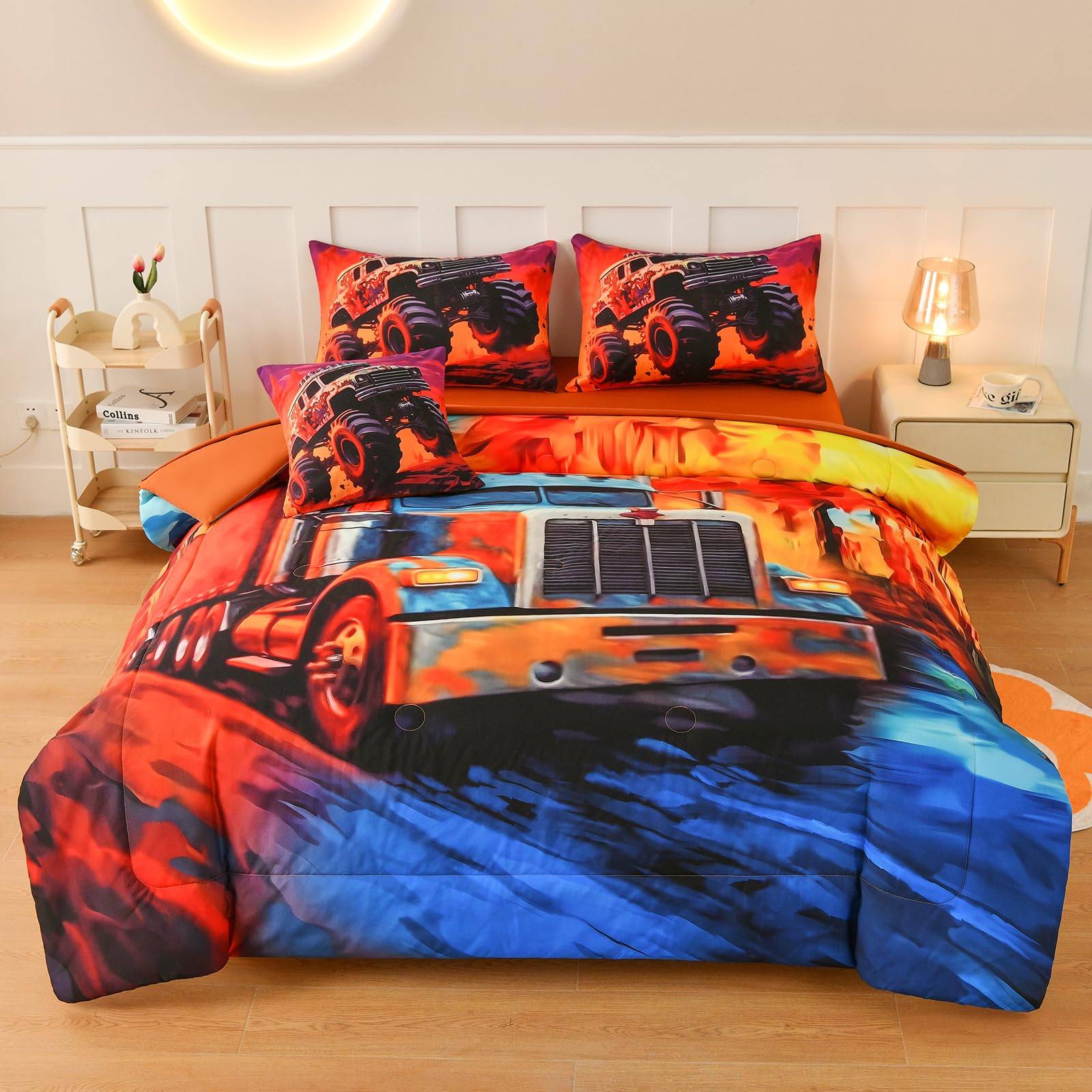 DORCAS Car Comforter Set for Boys Kids,6 Piece Truck Bedding Set,Full Size Car Bedding Sets with Sheet(Red,Full)