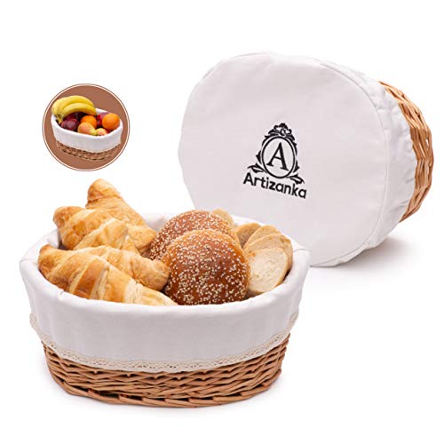 Large Bread Basket for Serving Set - 12x9â Wicker Basket with Removable Liner and Cover Bread Storage and Bread Serving Basket for Homemade Sourdough Bread. Pantry and Fruit Basket by Artizanka