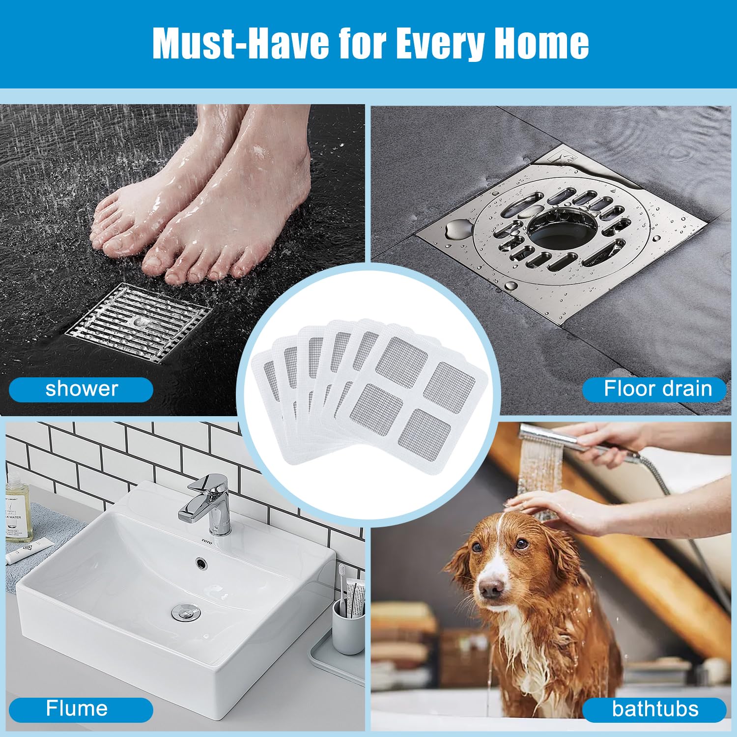 50PCS Pack,4"" X 4"" Disposable Shower Drain Cover Hair Catcher Shower Drain Mesh Stickers, Bathroom, Laundry, Bathtub, Kitchen, Sink, for Human and pet Hair, White