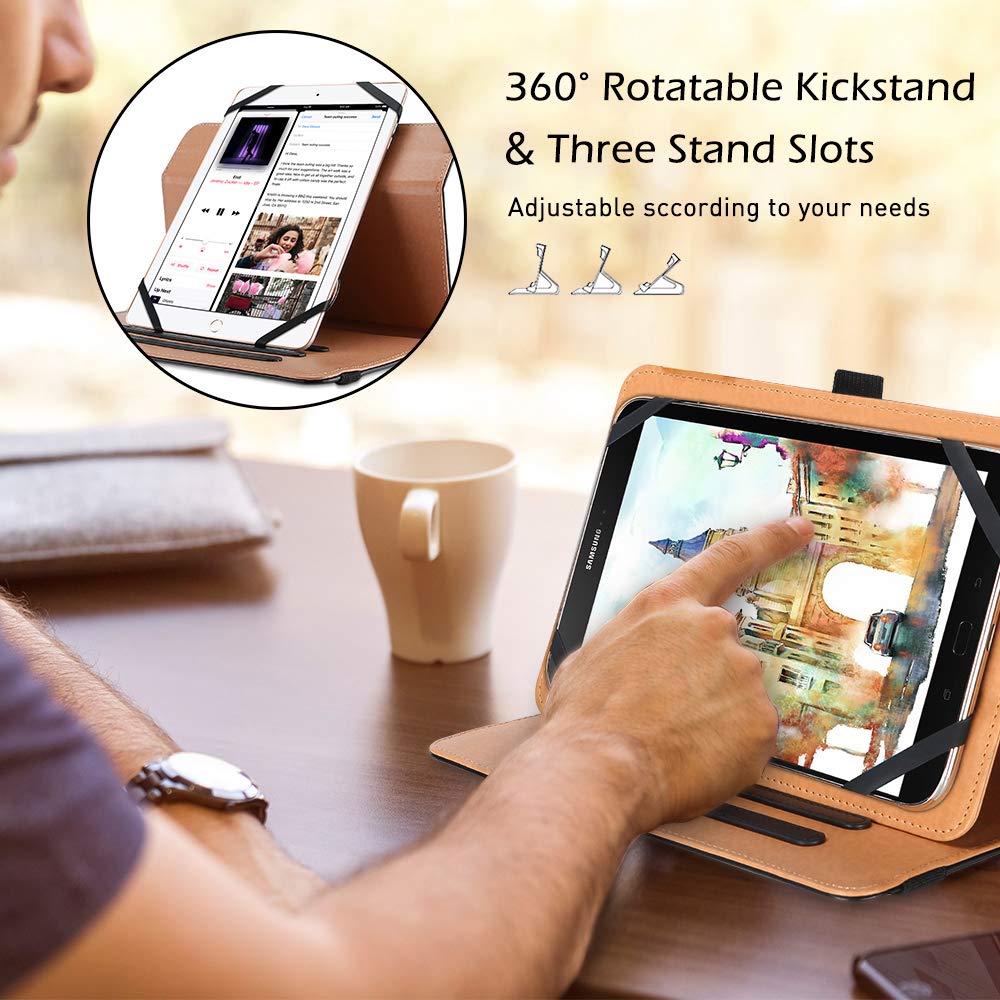 ProCase 7"-8" Inch Universal Tablet Case, Protective Cover Leather Folio Case for 7 8 Inch Android Touchscreen Tablet, with 360 Degree Rotatable Kickstand and Multiple Viewing Angles -Black