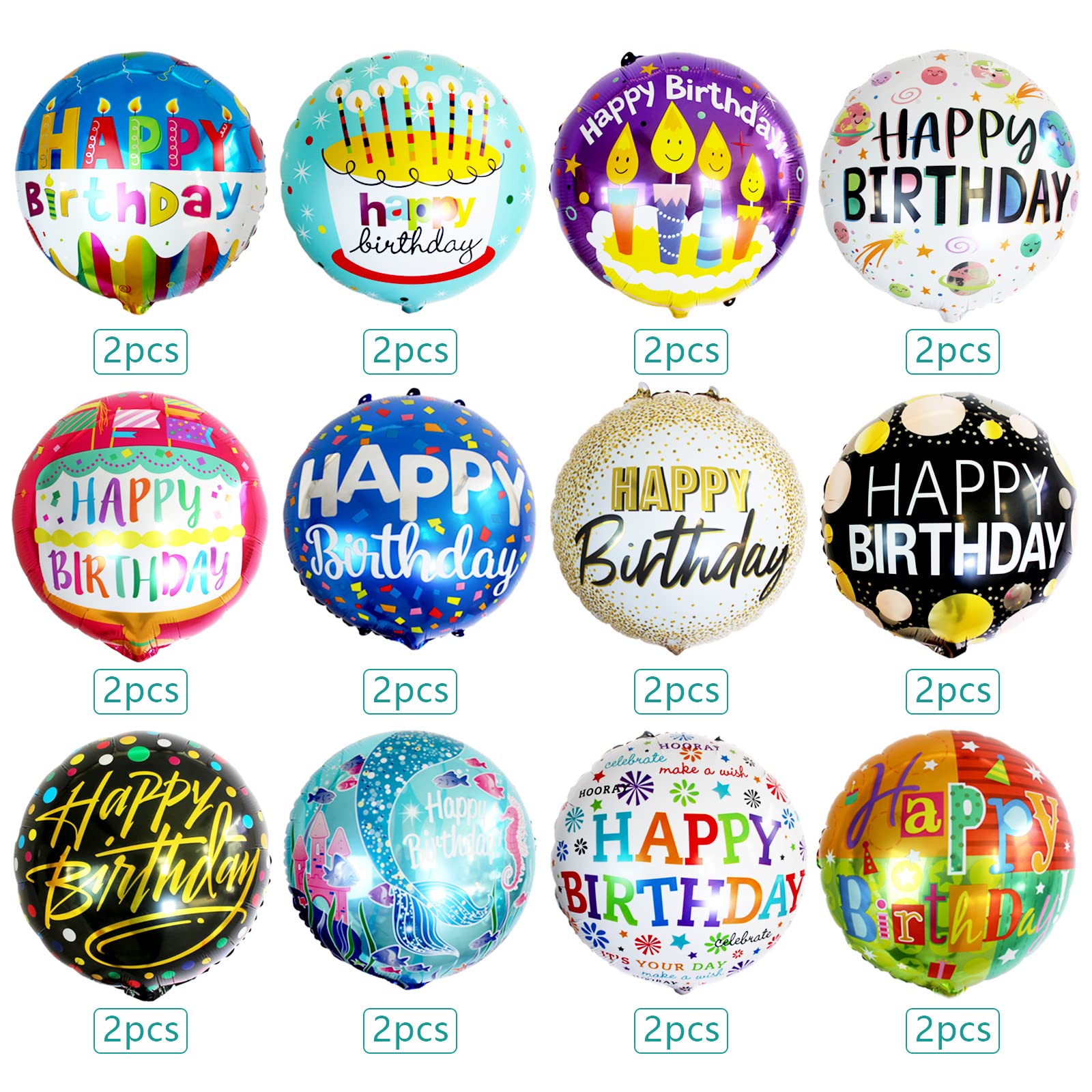 24 Pcs Happy Birthday Foil Balloons 18 inch Round Helium Floating Mylar Balloon Inflatable Balloons for Birthday Party Decorations Supplies,12 Patterns