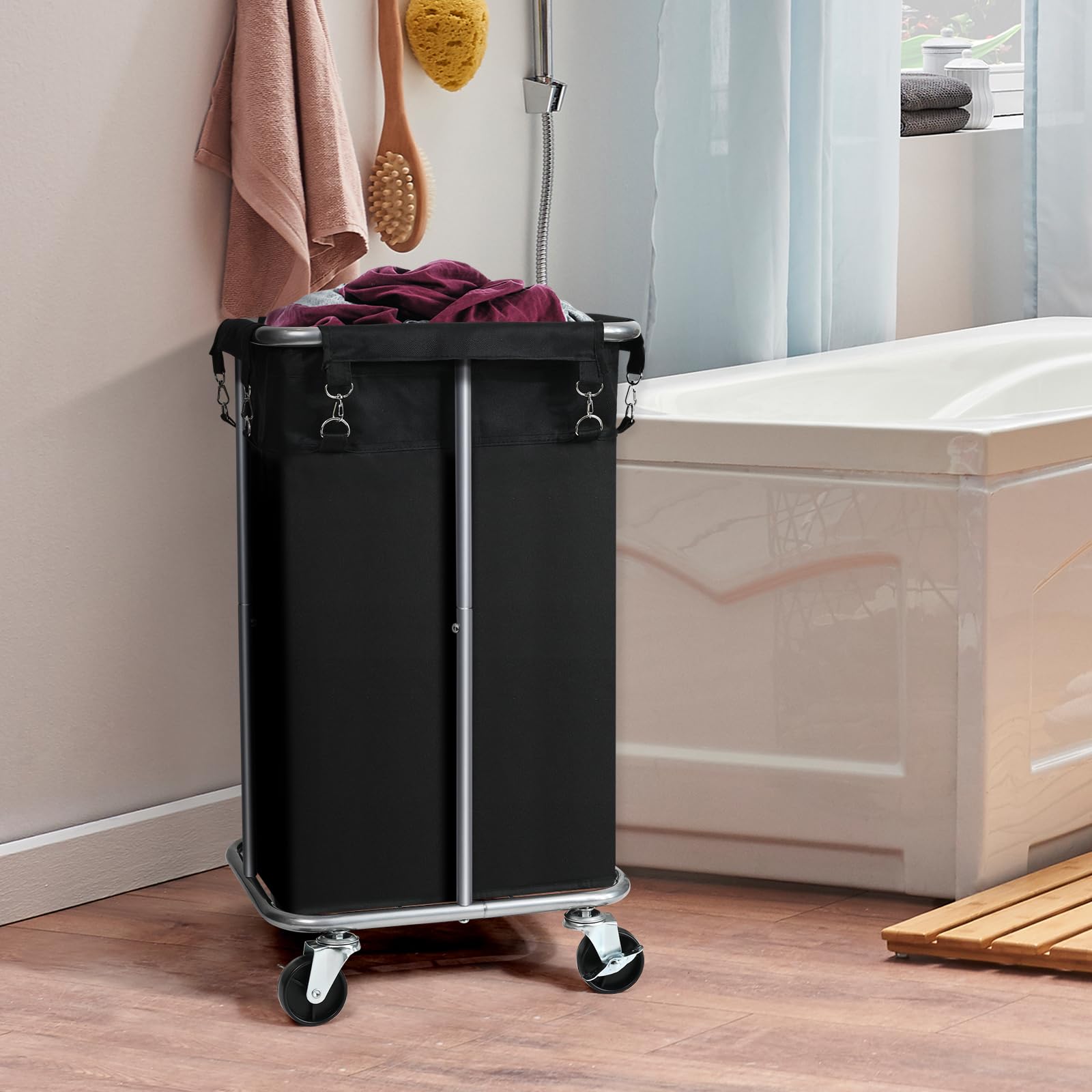 Laundry Basket with Wheels, Rolling Laundry Hamper with Removable Bag, 100L Laundry Sorter Cart, Narrow Slim Clothes Hamper Organizer with Sturdy Metal Frame, Beige