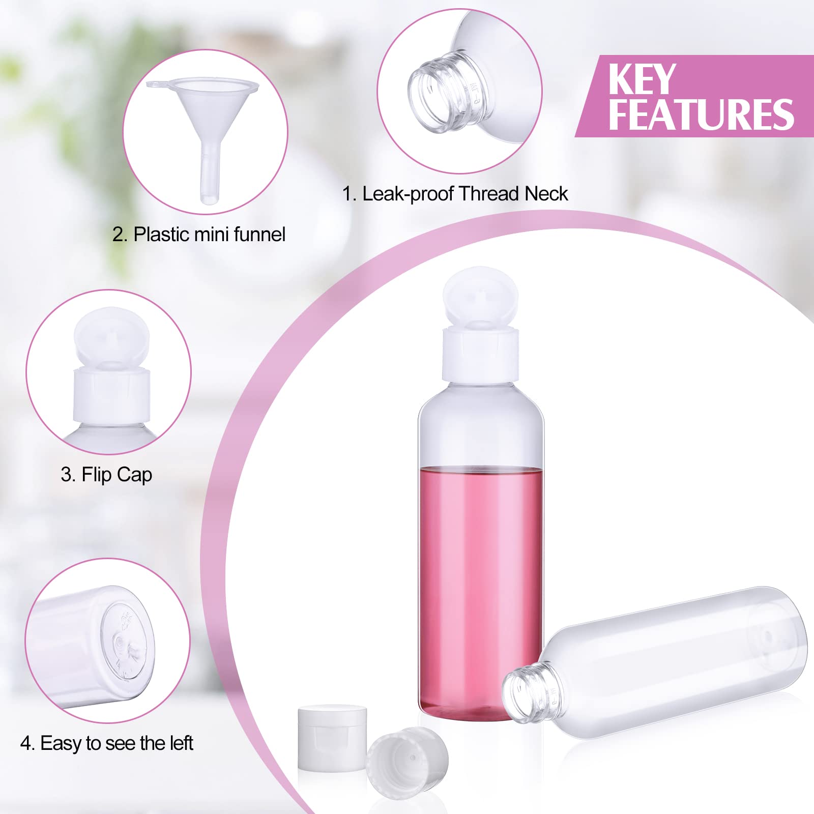 50 Piece 3.4 oz Travel Bottles with Flip Cap Clear Plastic Empty Bottles Refillable Flip Cover Dispensing Squeeze Bottles with 2 Funnels Portable Refillable Containers for Travel Size Liquid Cosmetics