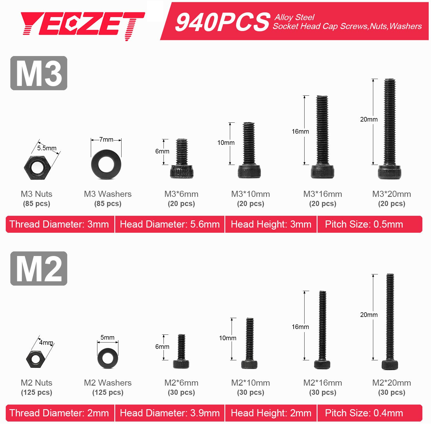 YEEZET M2 M3 M4 M5 12.9 Grade Alloy Steel Hex Socket Head Cap Screws Bolts Nuts Flat Washers Set Assortment Kit with Storage Box, Allen Socket Drive (940 PCS)