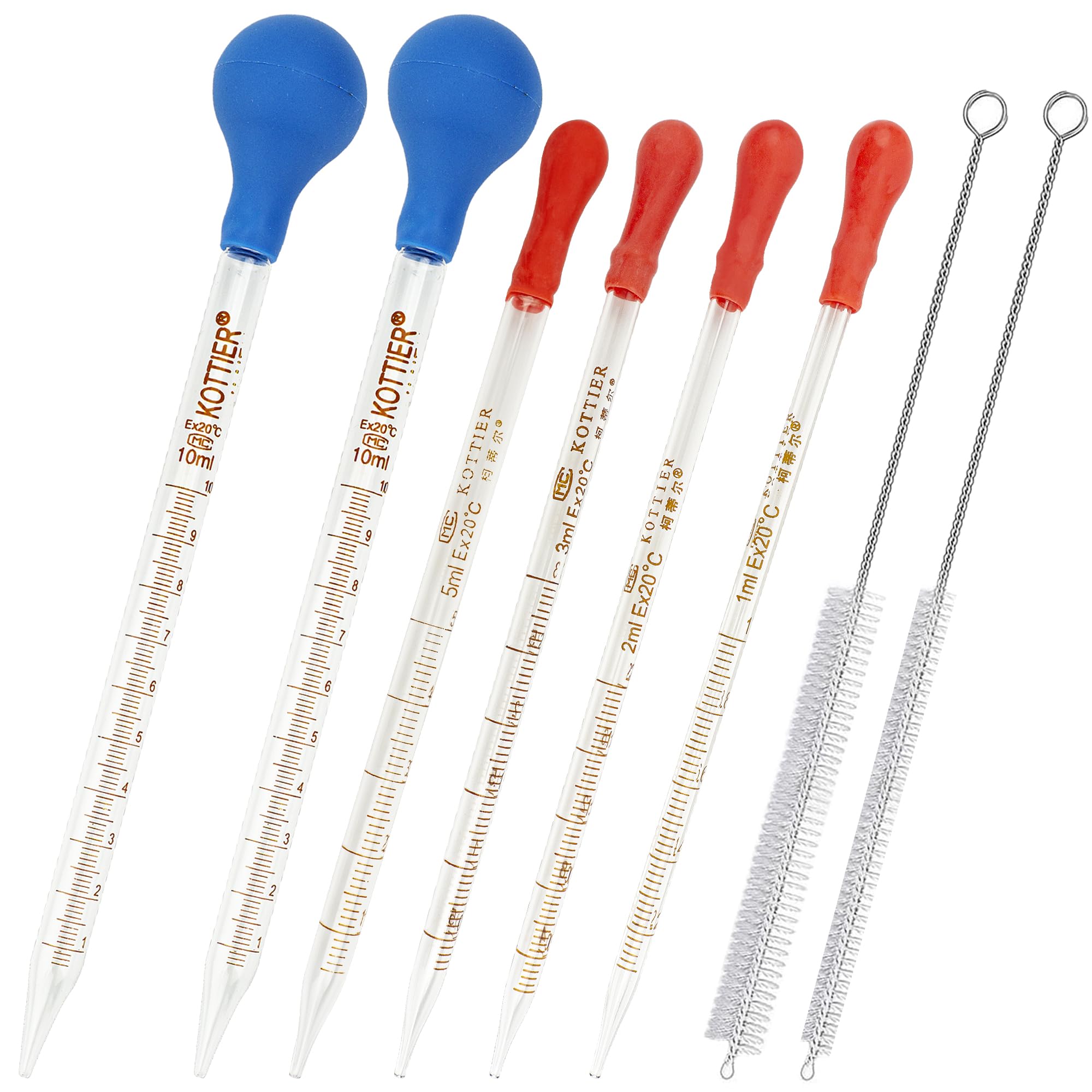 6Pcs Glass Pipettes Dropper, 1ml 2ml 3ml 5ml 10ml Graduated Liquid Dropper, with Rubber Bulb and Cleaning Brush, Transfer Pipettes for Essential Oil