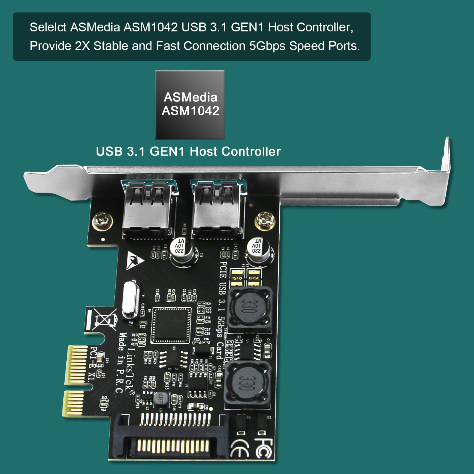 LinksTek 2-Ports PCIE USB 3.0 (USB 3.1 GEN1) 5Gbps Expansion Card for Desktop PCs, 2X 5Gbps USB-A Ports, Built in Smart Power Distribution Technology, No Need Extra Power Supply (PCIE-U302A)