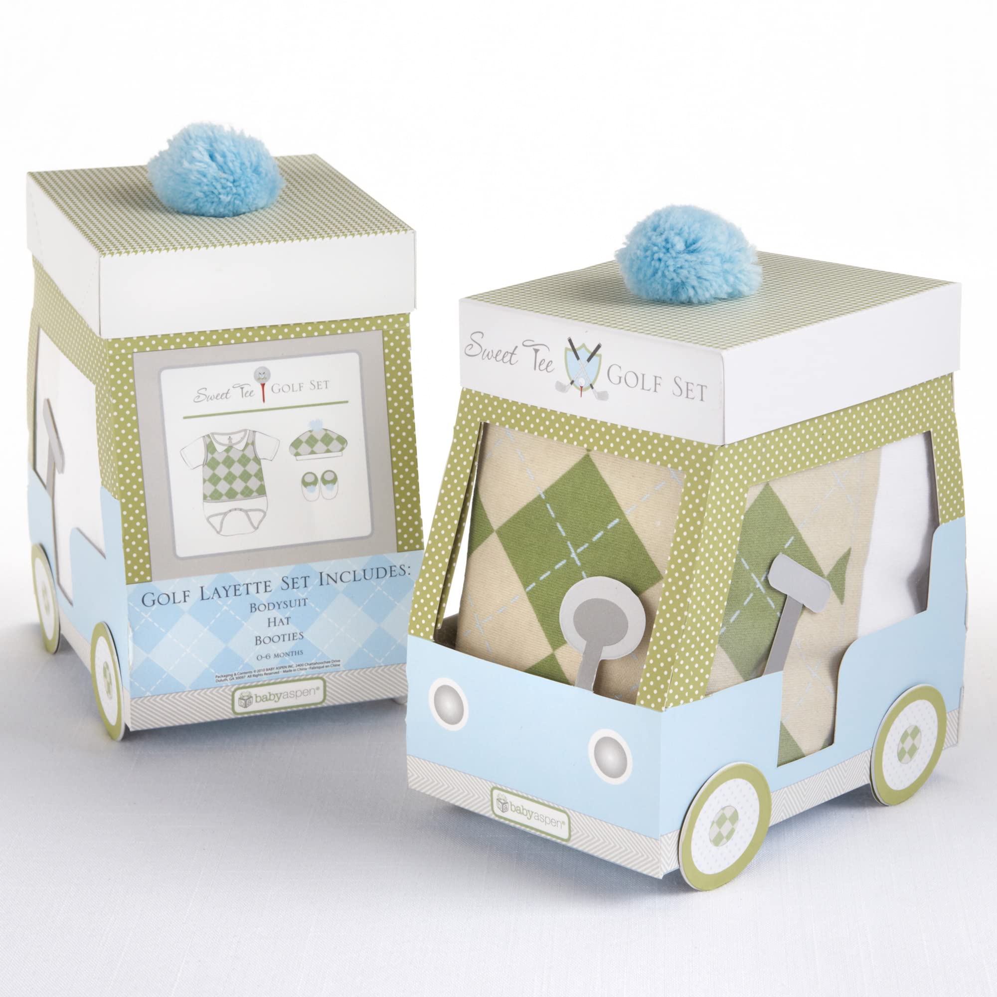 Baby Aspen Three Piece Layette Set in Golf Cart Package, Green/White, 0-6 Mos.